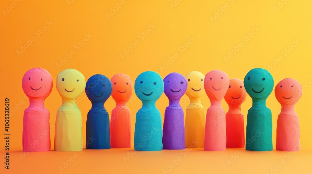 Stylized shapes of finger puppets in bright hues on a soft background ...