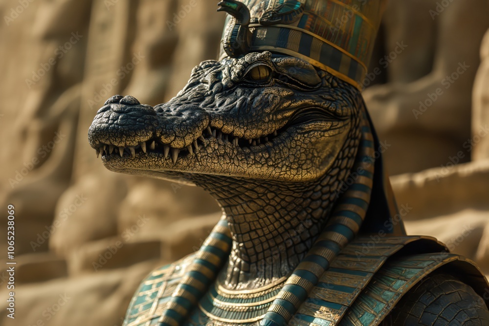 Sobek the crocodile god of ancient Egypt with a golden headdress is ...