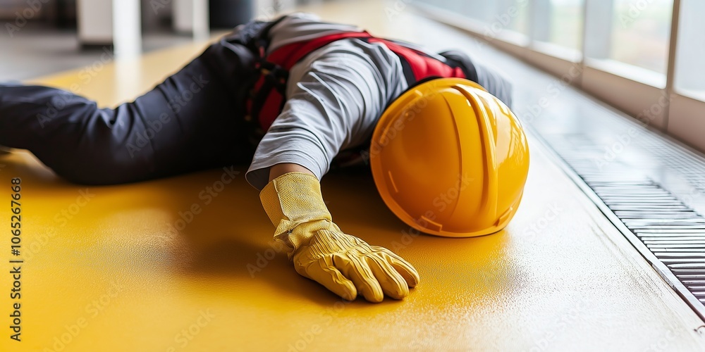 A construction worker wearing a safety harness lies prone on a shiny ...