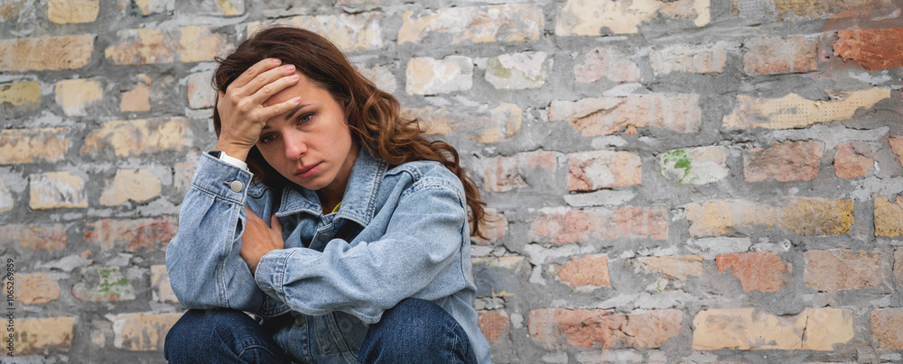 Overwhelmed and depressed urban woman sits next to brick wall outdoors ...