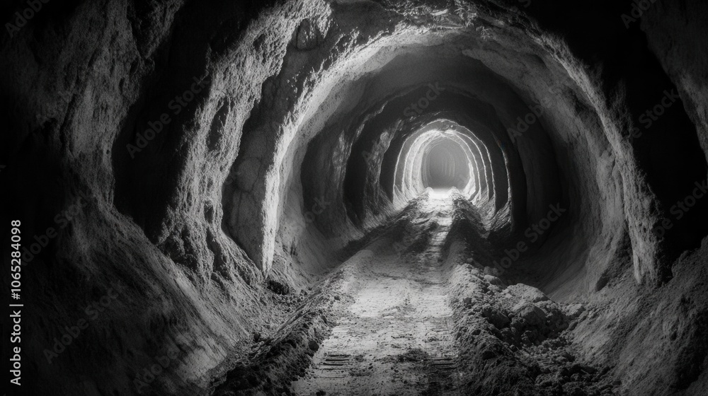 An underground tunnel under construction reveals a long, sandy passage ...