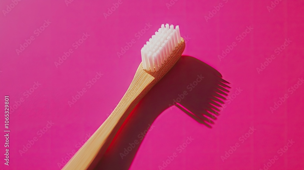 Bamboo toothbrush with white toothpaste displayed against a vibrant ...