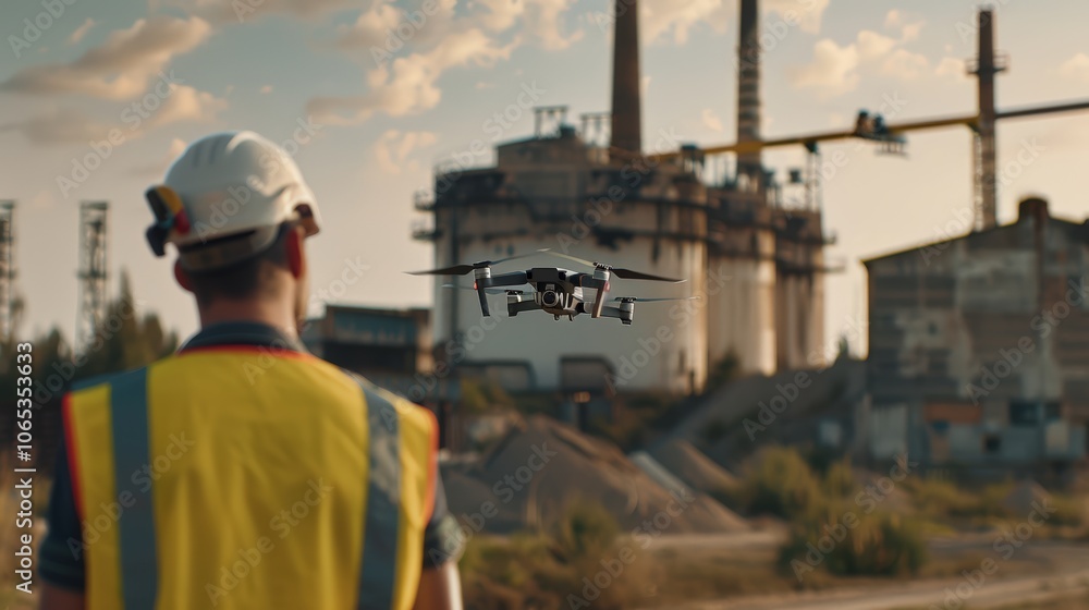 Engineer using drones for geospatial mapping in construction site aerial survey. Concept ...