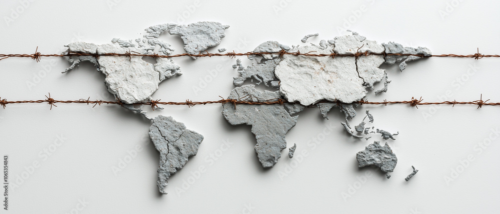 textured world map with barbed wire symbolizes global division and ...