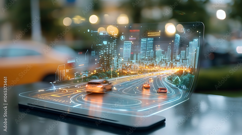 An innovative holographic interface showcasing a detailed smart city ...