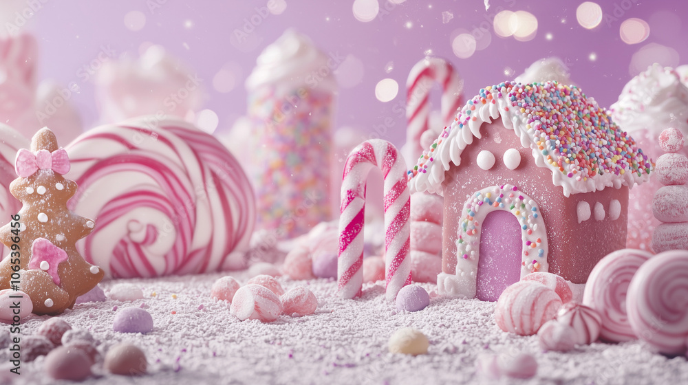 A magical candy land scene filled with oversized sweets, candy canes ...