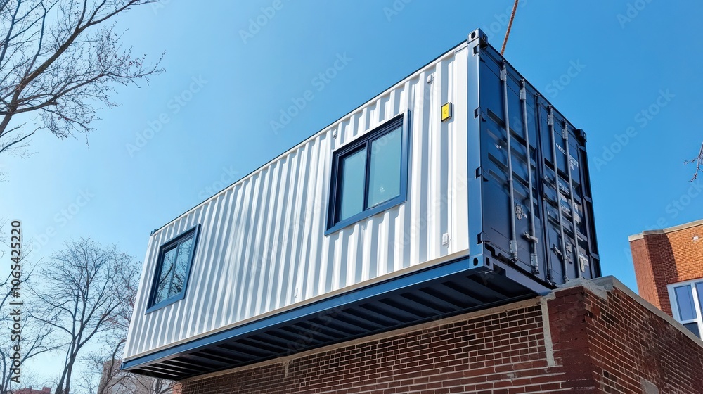 A modern shipping container home conversion elevated on a brick ...