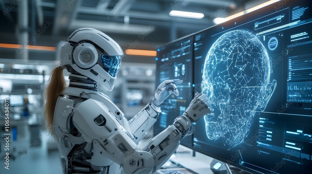 Robot Mentor Guiding Human in Futuristic Lab with Digital Interfaces ...