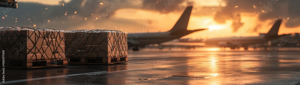 Cargo pallets on airport runway at sunset, with airplanes in background ...