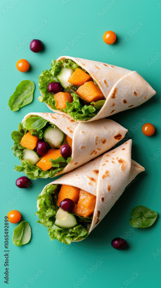 Fresh vegan pumpkin wraps filled with assorted vegetables, including ...