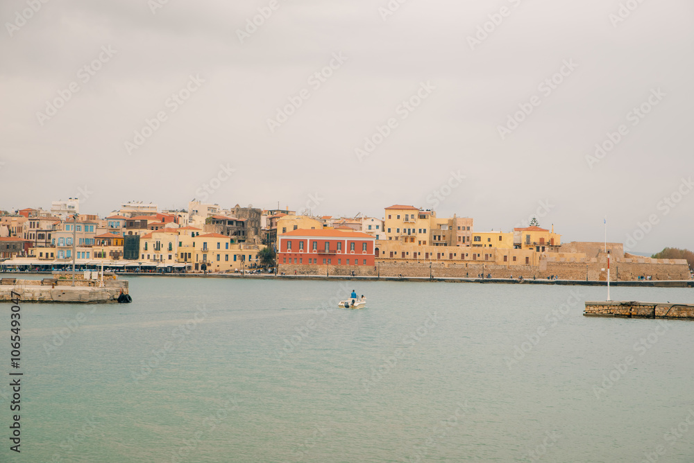 A view of the Cretan sea and Greek port of Chania on the island of ...