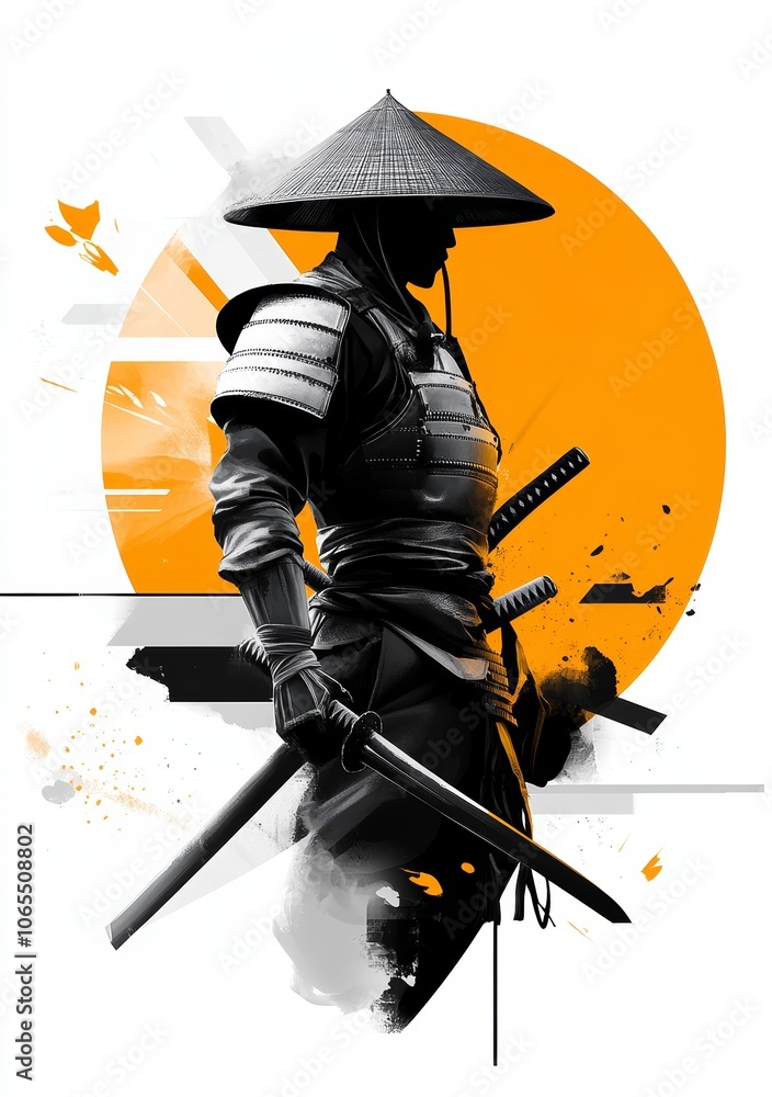 Digital art of a samurai in armor with a conical hat and sword ...