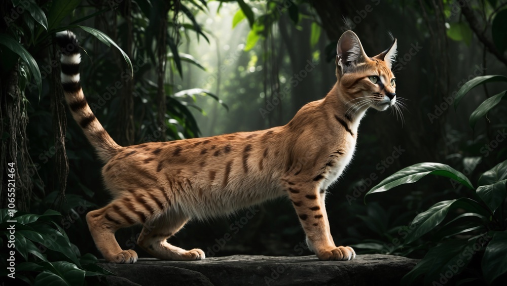 Caracal Cat Stretch Pose in Dense Jungle Setting Stock Photo | Adobe Stock