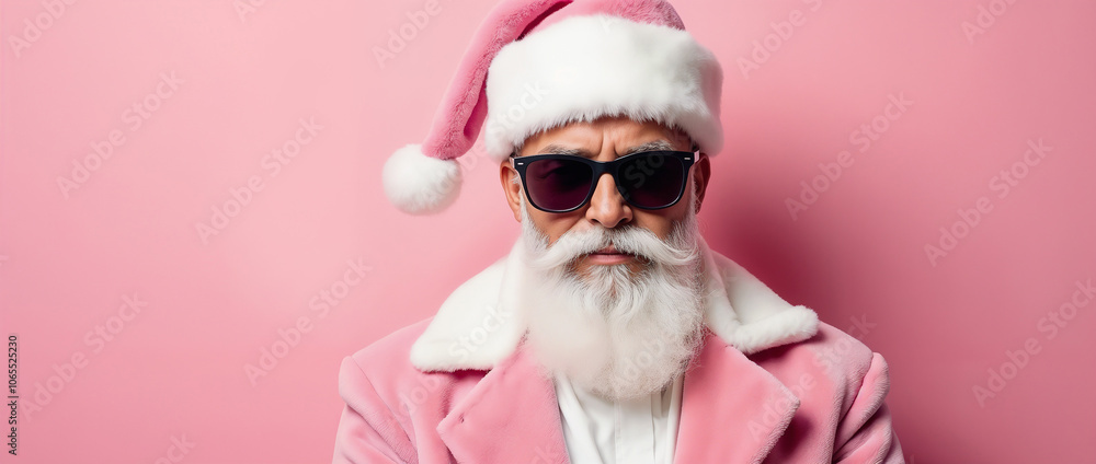 Trendy Santa Claus wearing a pink coat and sunglasses against a ...