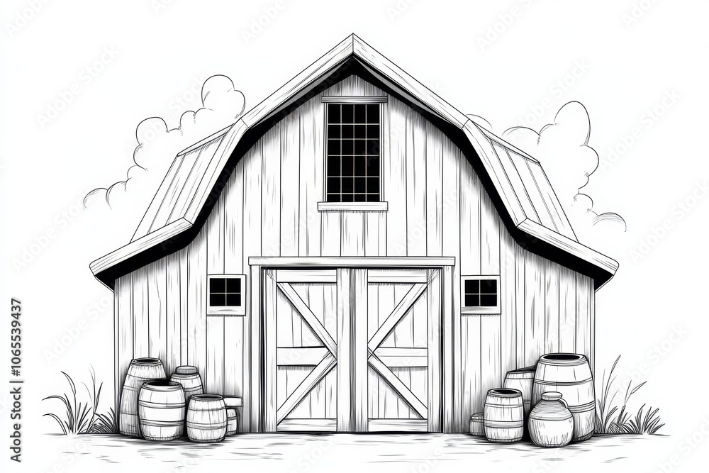Minimal line drawing of a storage barn, representing traditional food ...