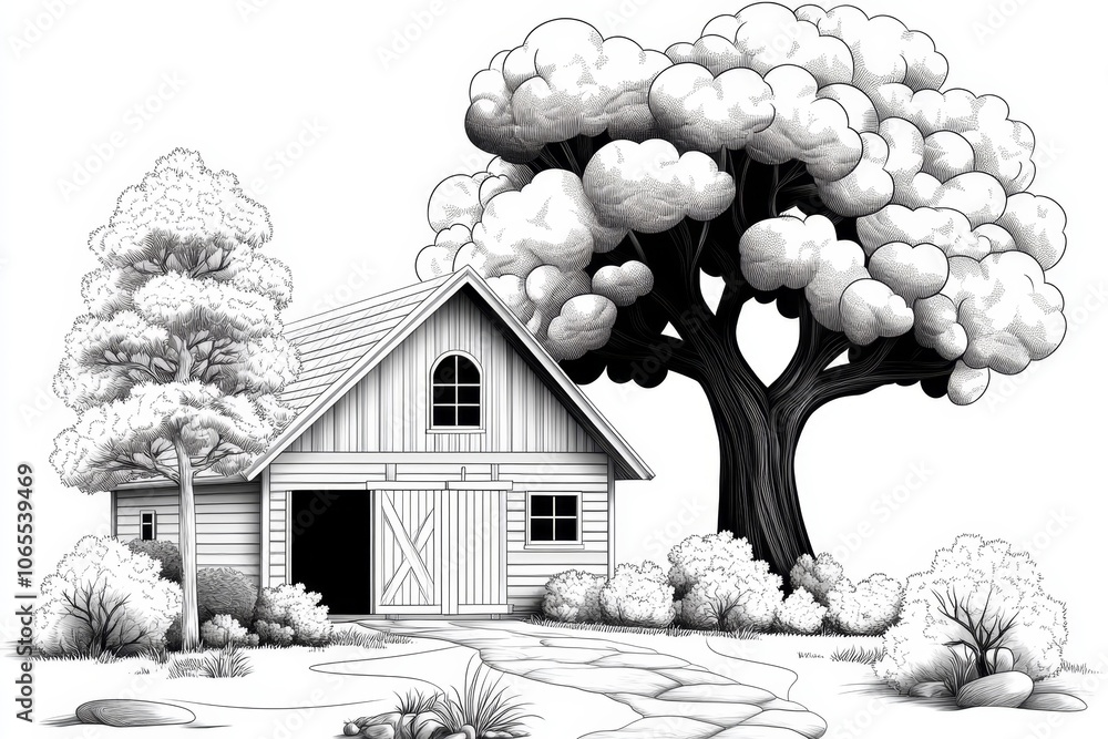 Minimal line drawing of a storage barn, representing traditional food ...