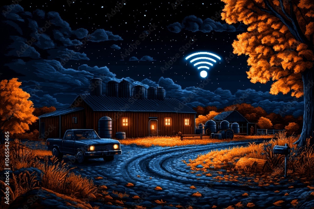 Pixel art of a rural farm with a Wi-Fi symbol above, in classic 8-bit ...