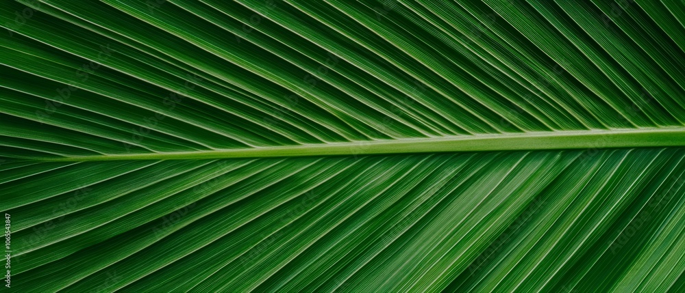 macro shot of a tropical palm leaf shows the symmetrical parallel lines ...