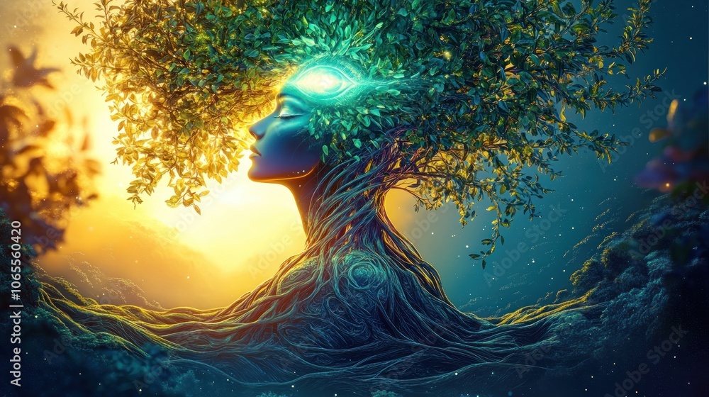 Third eye glowing with spiritual roots and branches, AI generated Stock ...