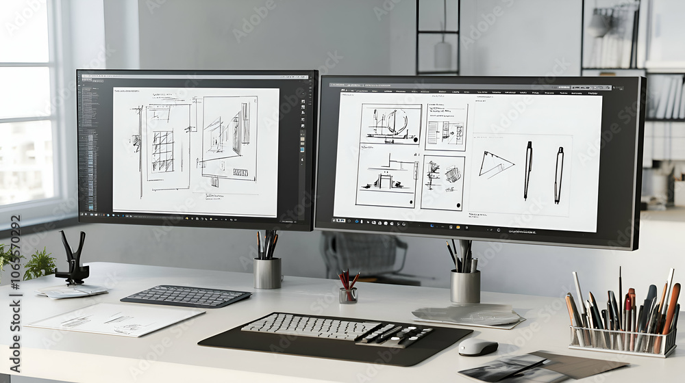 Two computer monitors on a desk with a keyboard and mouse. The screens ...