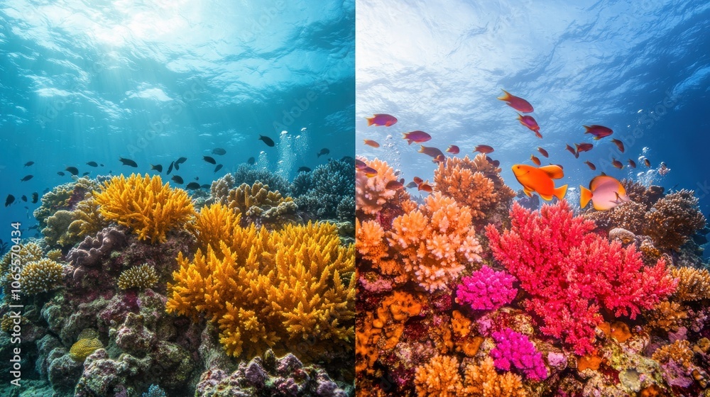 A split image comparing the colours of underwater coral reefs with and ...