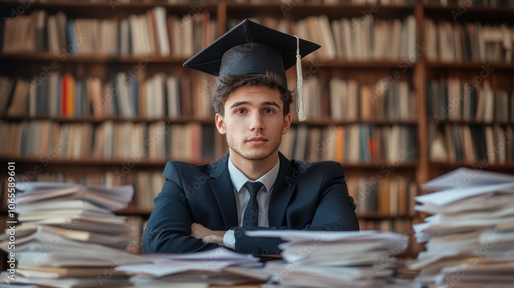 Graduate Student Posing in a Library with Stacks of Papers Stock Photo ...
