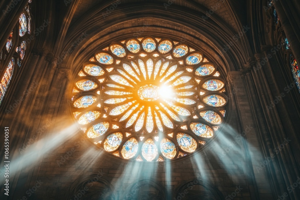 Radiant beams of sunlight penetrate a large stained glass window in a ...