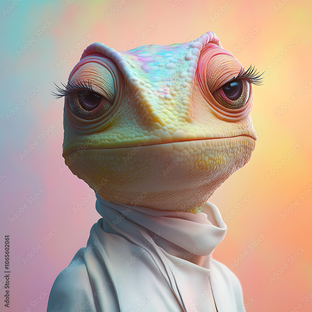 highly detailed anthropomorphic chameleon with expressive eyes, wearing ...