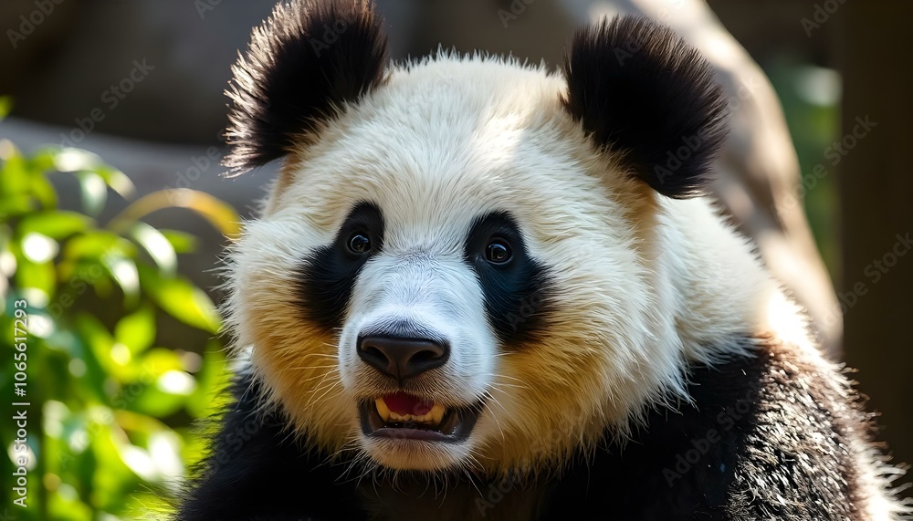 A close-up portrait of a giant panda bear with a distinctive black and ...