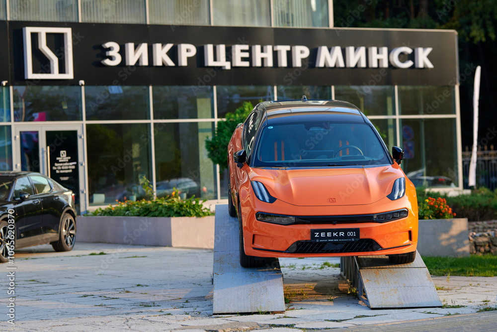 Minsk, Belarus. Aug 24, 2024. Zeekr 001 orange electric car parked on ...