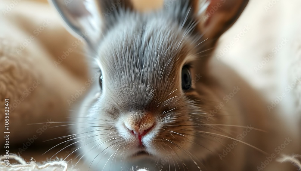 Gray bunny with perky ears and gentle eyes captured in close-up ...