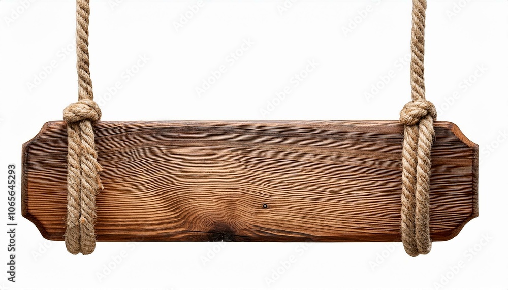 Rustic wooden rectangular sign, hanging by ropes, realistic, on isolate ...