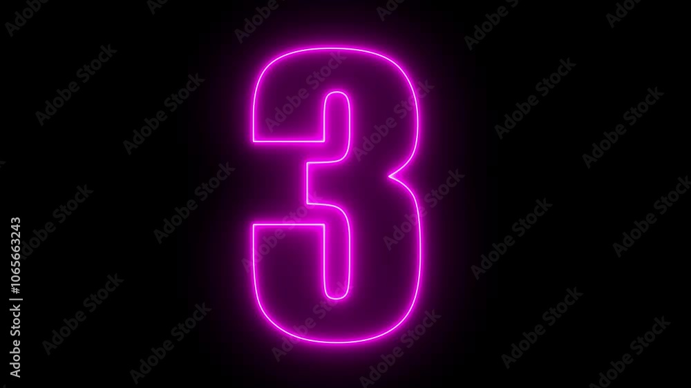 Glowing neon number 3 on black background. Serial number, price, place ...