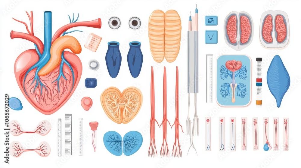 Detailed anatomical illustration of a heart, organs, and medical tools ...