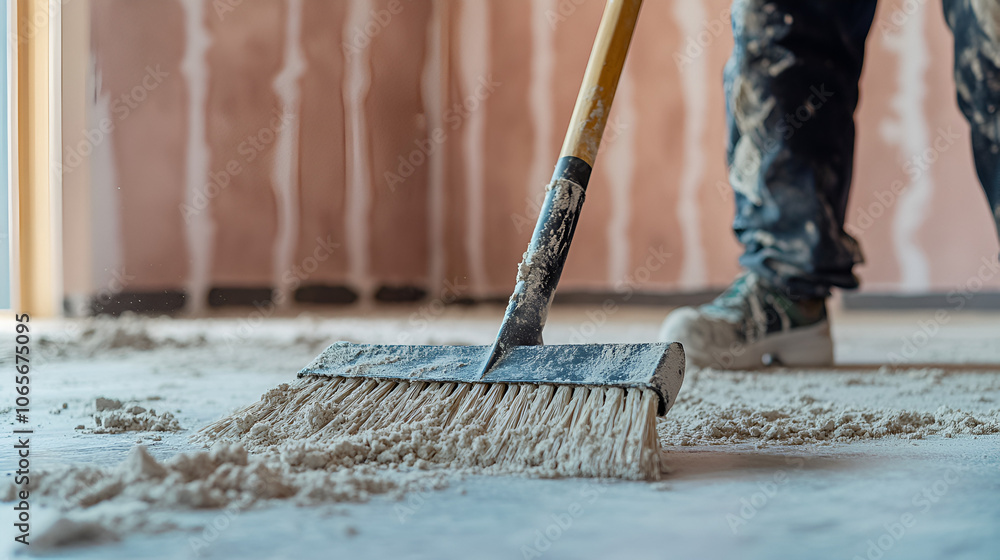 Worker sweeping dust on a construction site with a broom during ...
