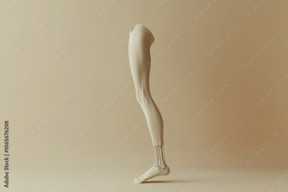 A sleek prosthetic leg stands upright on a plain background ...
