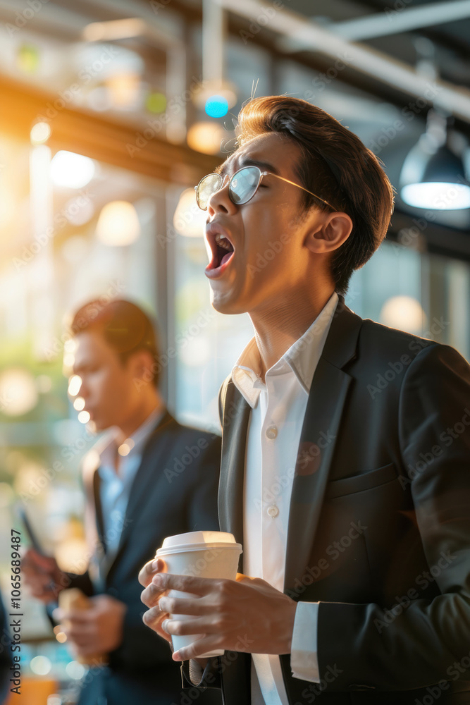 Fatigued Professional with Coffee in Modern Office Highlighting Sleep ...