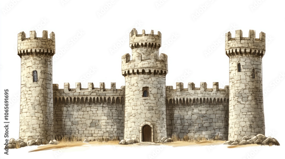 Simplified medieval castle design with crenellated walls and tall ...