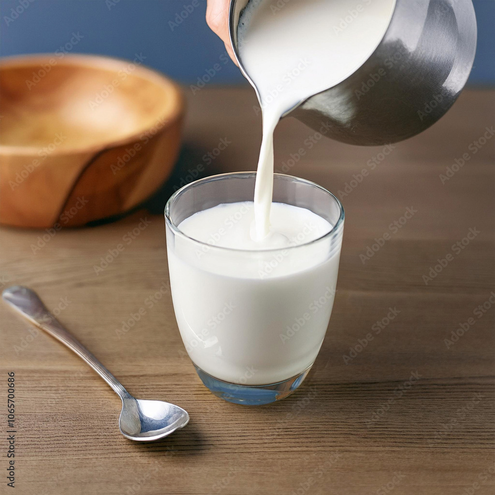 Leite sendo derramado em uma xícara, copo. Mesa de madeira. Laticínio ...