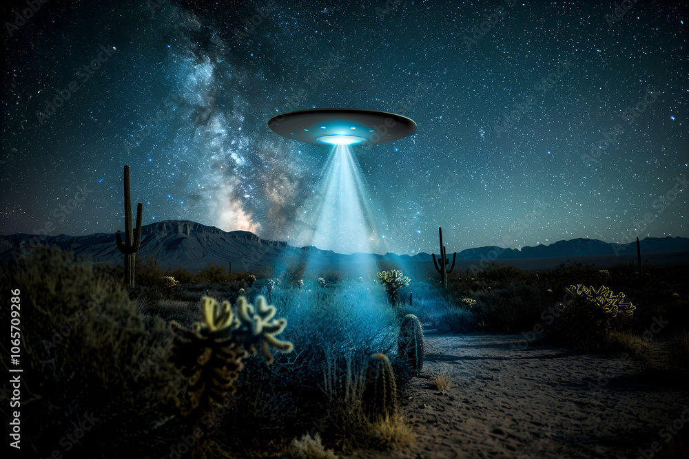 A glowing UFO hovers over a desert landscape under a starry night sky ...