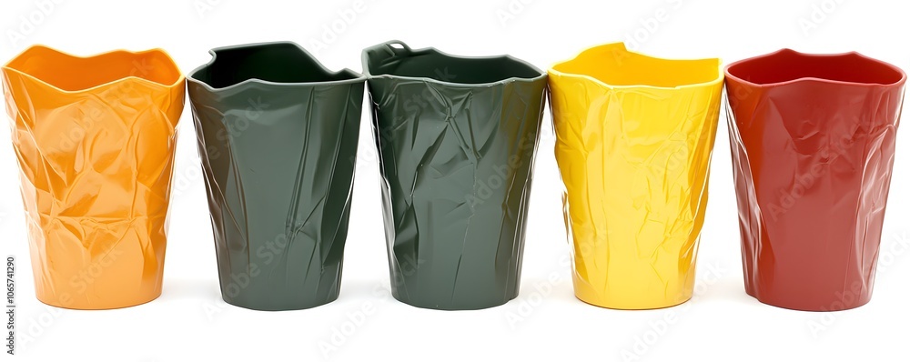 Set of color-coded recycling bins labeled for paper, metal, plastic ...