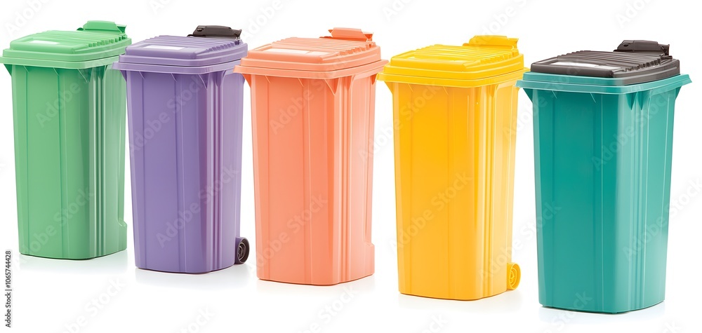 Isolated recycling bins in distinct colors with labels, representing ...