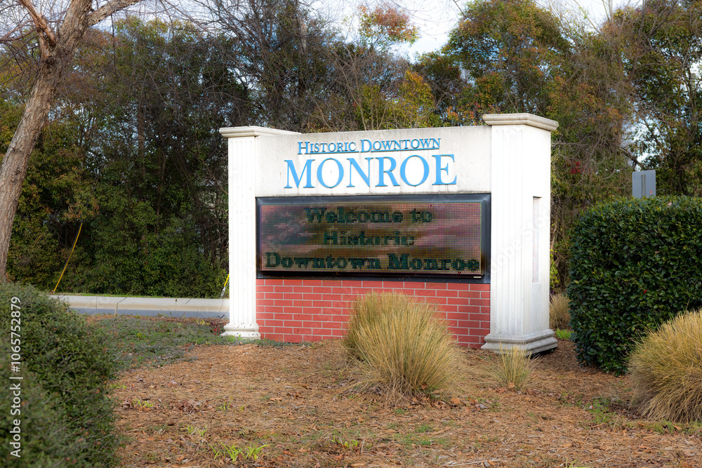 MONROE, NC, USA-28 JAN 2023: Monument sign at entrance to downtown ...