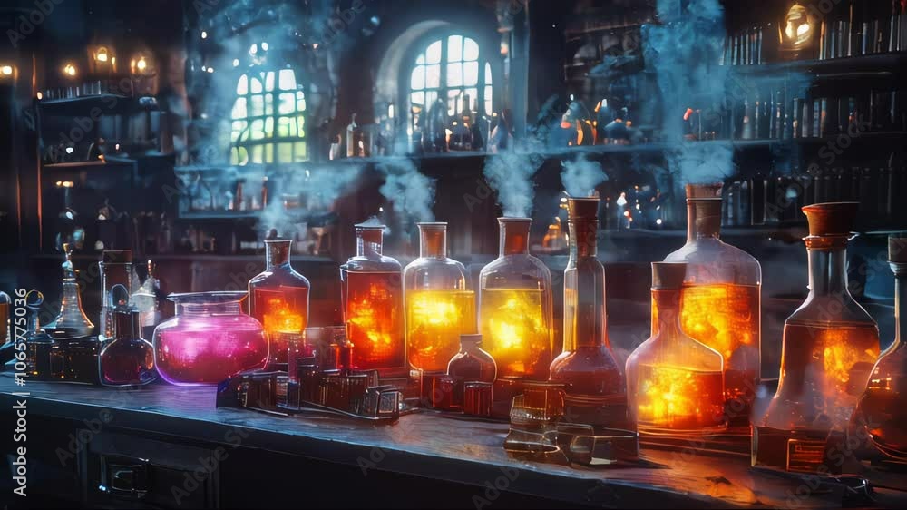 A mysterious alchemist’s lab filled with bubbling potion bottles ...