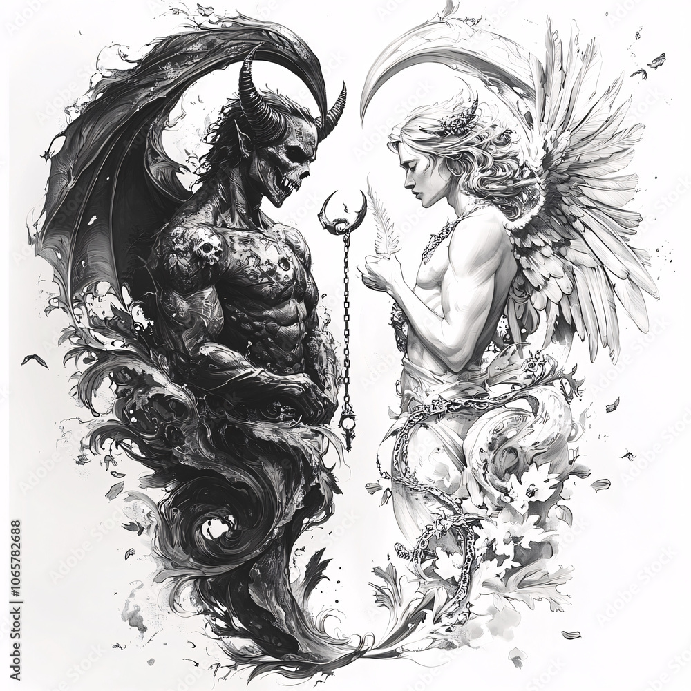 Realistic Black and White Tattoo Sketch of Angel and Demon in Detailed ...