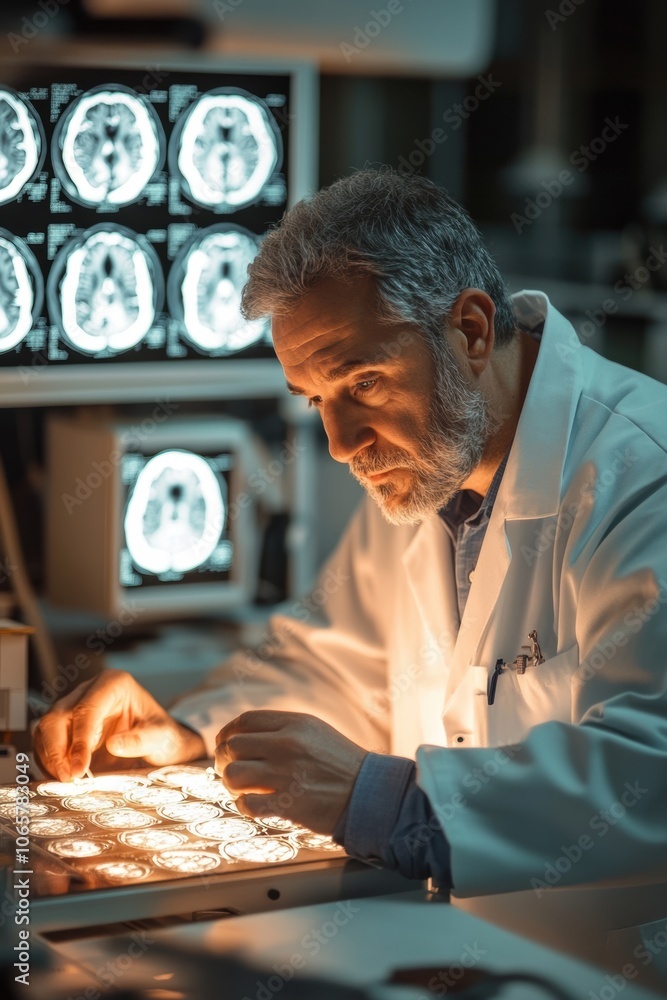 Neurologist in a lab coat studying brain scans on a lightbox with MRI ...