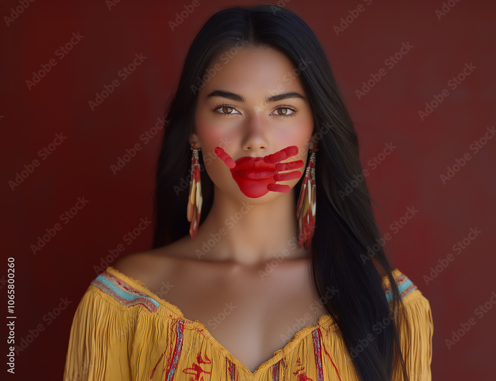 Portrait of Native American, indigenous, First Nations woman with red ...