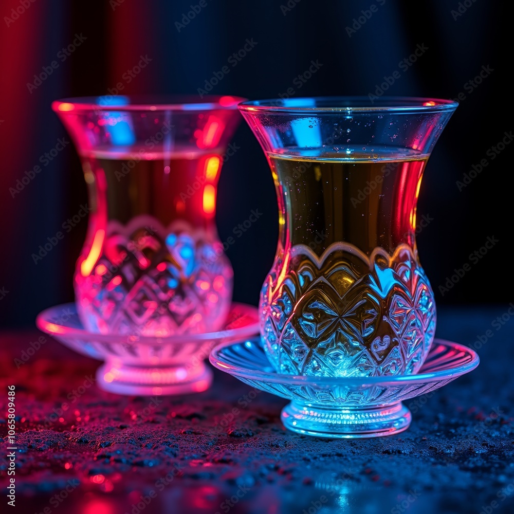 Vibrant Turkish tea glasses in neon lights - perfect for cultural blogs ...