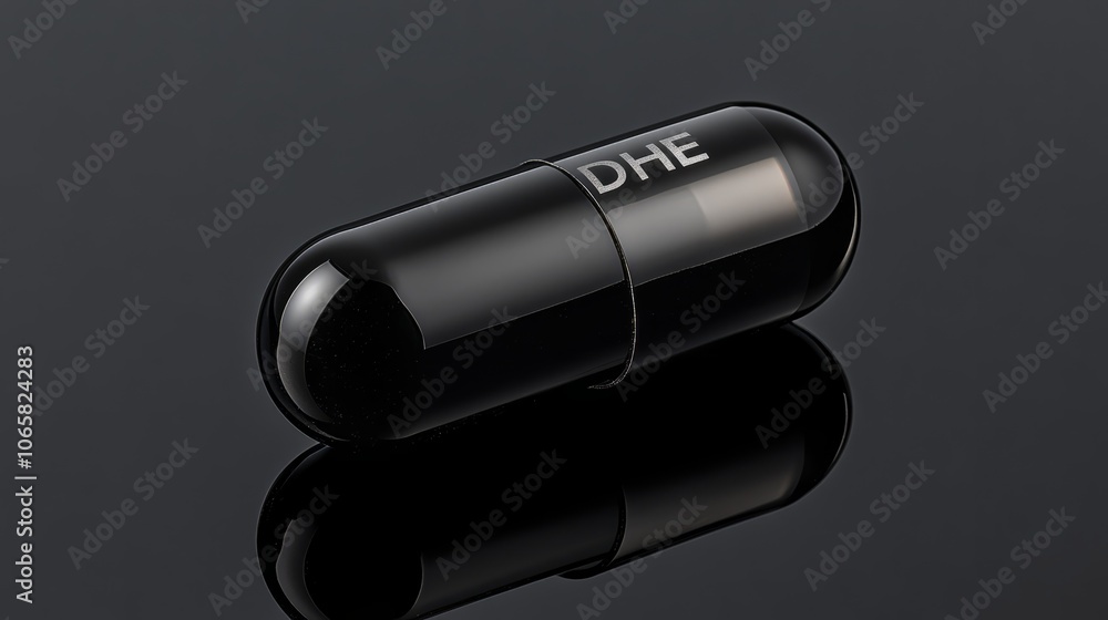 DHE capsule on a reflective black surface, minimalistic with a high-end ...