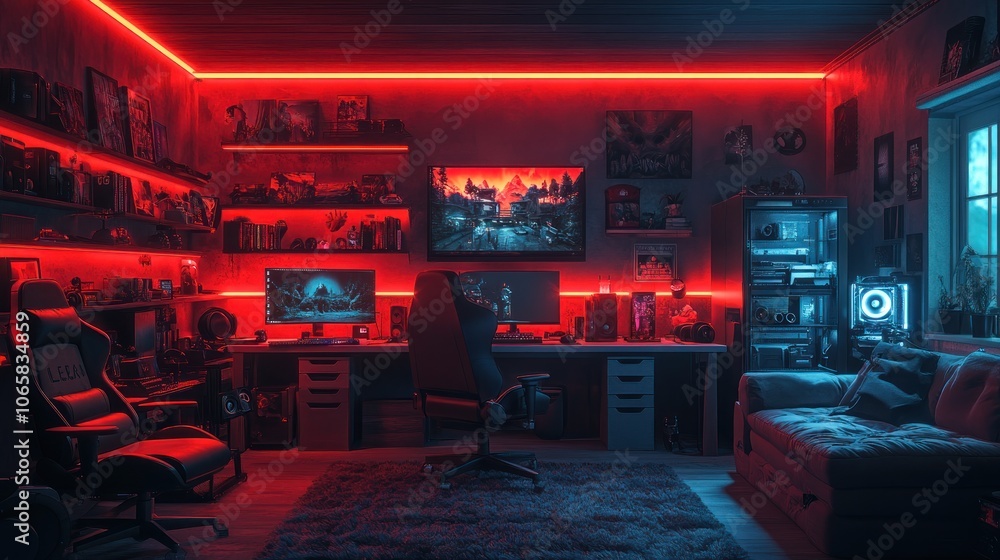 A modern gaming room with red and blue neon lights, a gaming desk, two ...